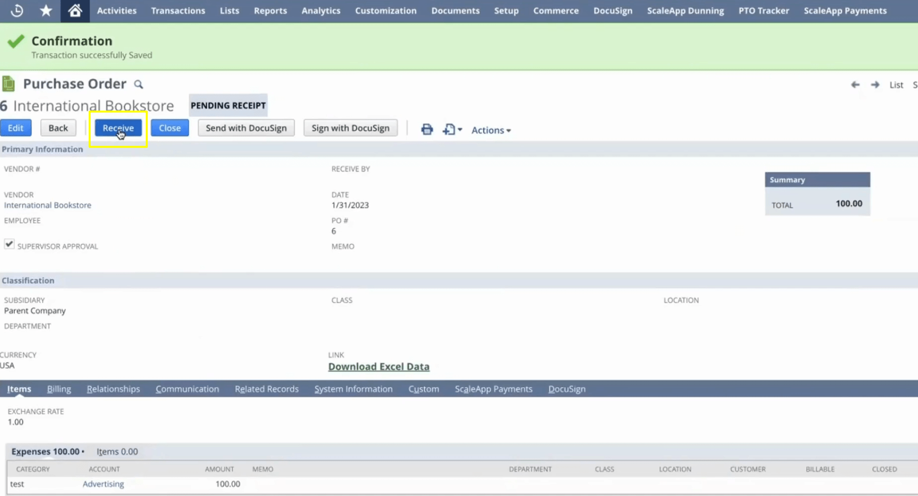 Partial Bill a Purchase Order with Expense Categories in NetSuite
